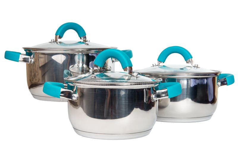 Set of for Stainless Steel Cooking Pot Isolated Over White Background ...