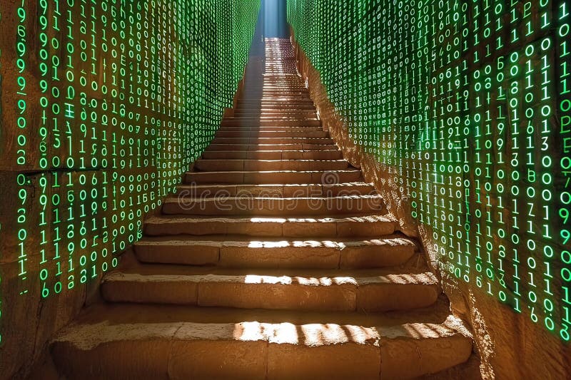 A Set of Stairs Leading Up To a Wall of Binary Code in a Dark Forest at ...