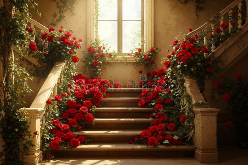 A Set of Stairs with Red Roses Growing on the Steps Stock Photo - Image ...