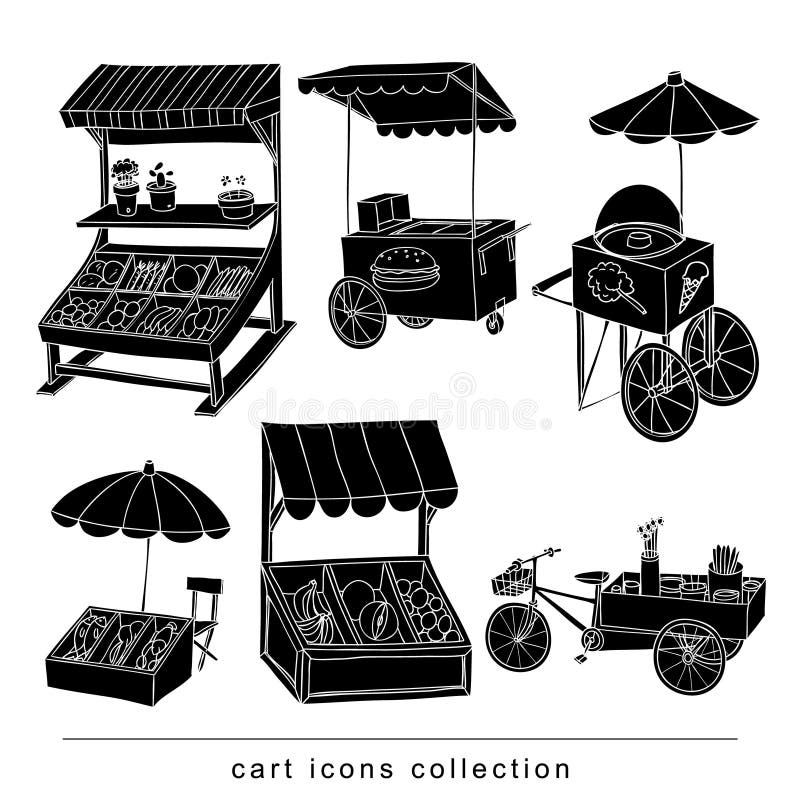Set of Stall Shop and Cart, Vector Illustration Black Color. Stock ...