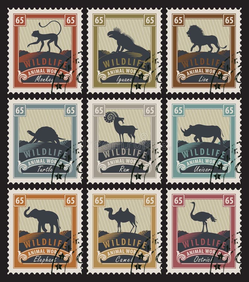 Set of Stamps with Different Animals Stock Vector - Illustration of ...