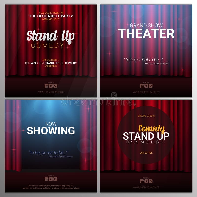Stand Up Comedy Banner with Red Curtains Background with Spotlight ...
