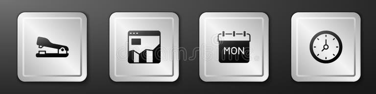 Set Stapler, Graph Chart Infographic, Calendar and Clock Icon. Silver ...