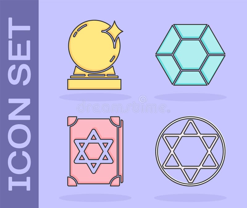 Set Star of David, Magic Ball, Ancient Magic Book and Magic Stone Icon ...