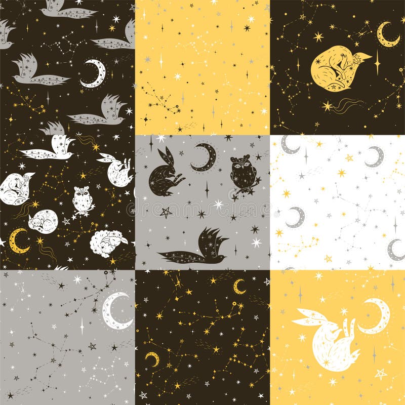 Set of Star Seamless Patterns in Black-yellow-gray Colors. Vector ...