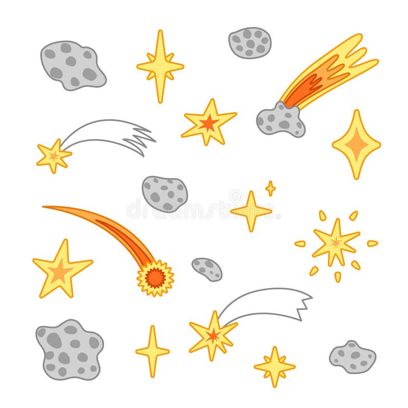 Set of Stars, Falling Stars, Meteor, Asteroid, Meteorite. Cartoon ...