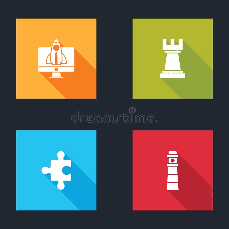 Set Startup Project Concept, Chess, Piece of Puzzle and Lighthouse Icon ...