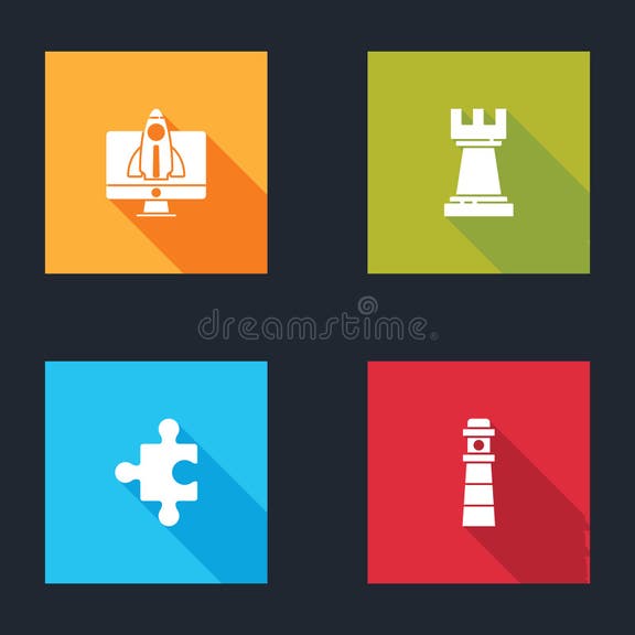 Set Startup Project Concept, Chess, Piece of Puzzle and Lighthouse Icon ...