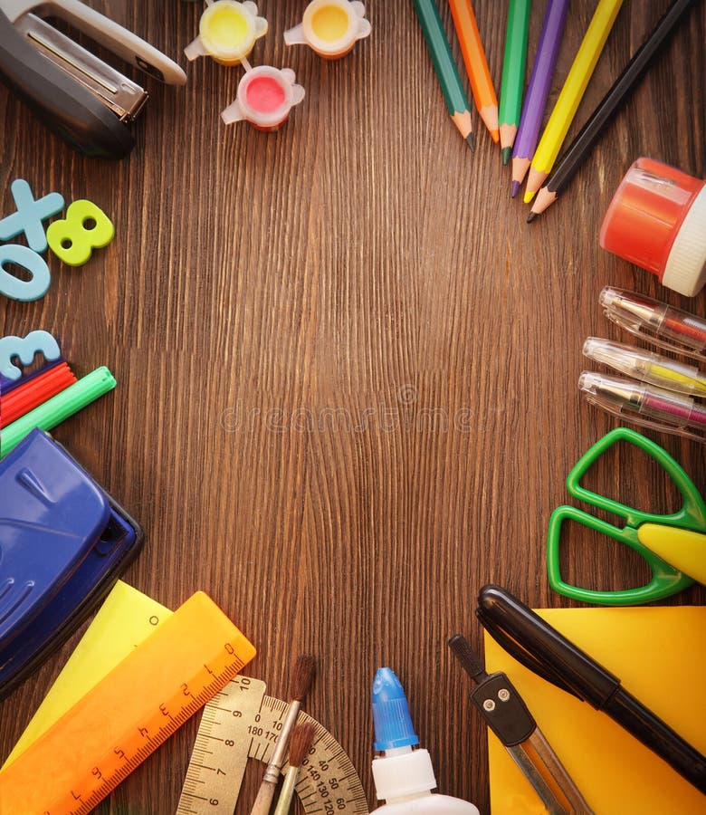 Stationery Set Frame on Wood Table Stock Photo - Image of equipment ...