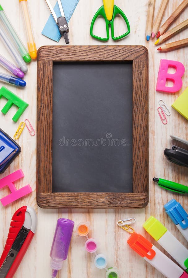 Stationery Set Frame on Wood Table Stock Image - Image of scissors ...