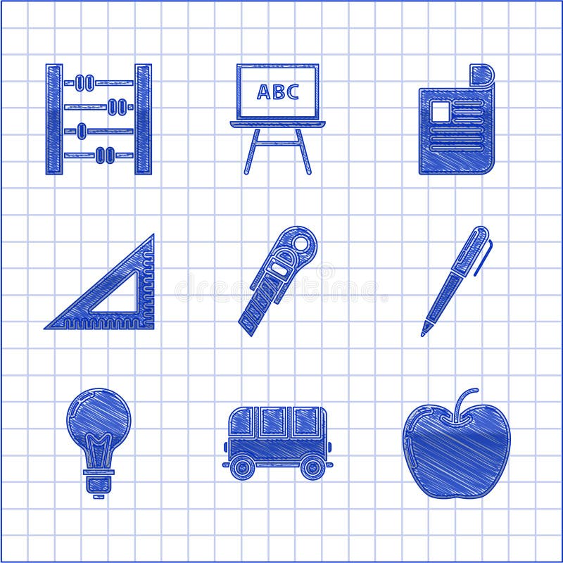 Set Stationery Knife, School Bus, Apple, Pen, Light Bulb with Concept ...