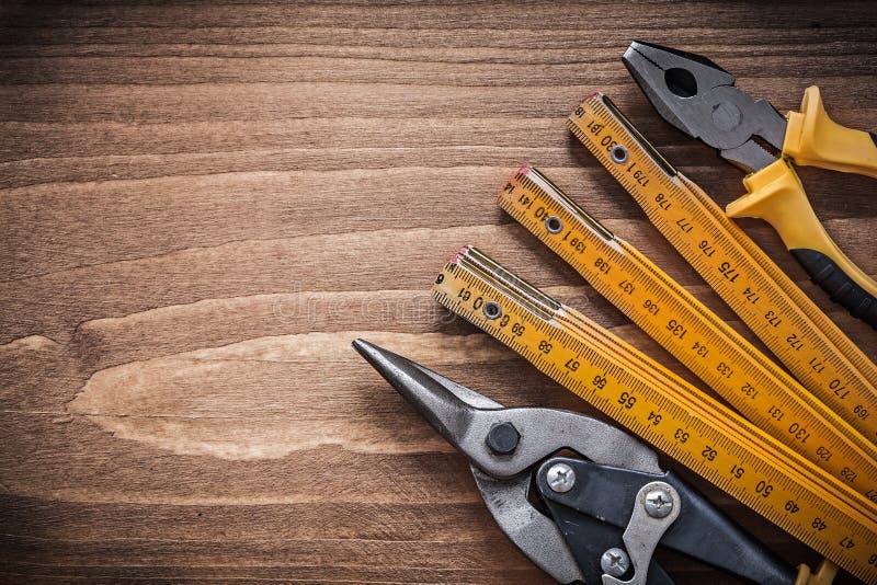 Set of Steel Cutter Pliers Wooden Meter Construction Concept Stock ...