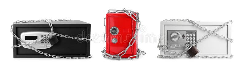 Set of Steel Safes with Chains and Locks on White Background Stock ...