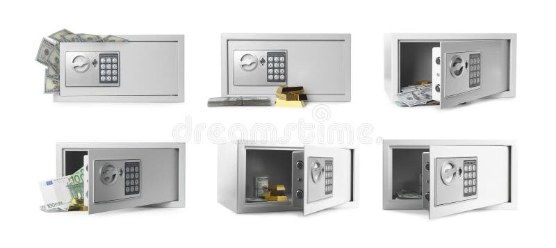Set of Steel Safes with Electronic Lock on White Background. Banner ...