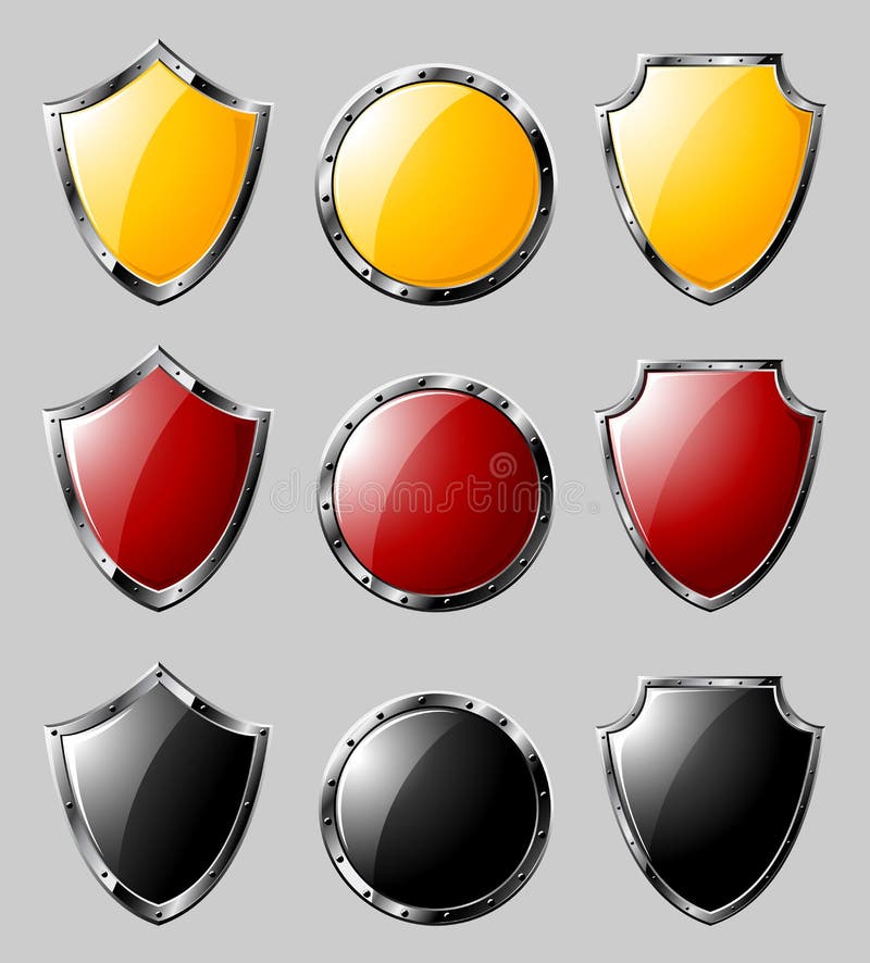 Set of red steel shields stock vector. Illustration of protection ...