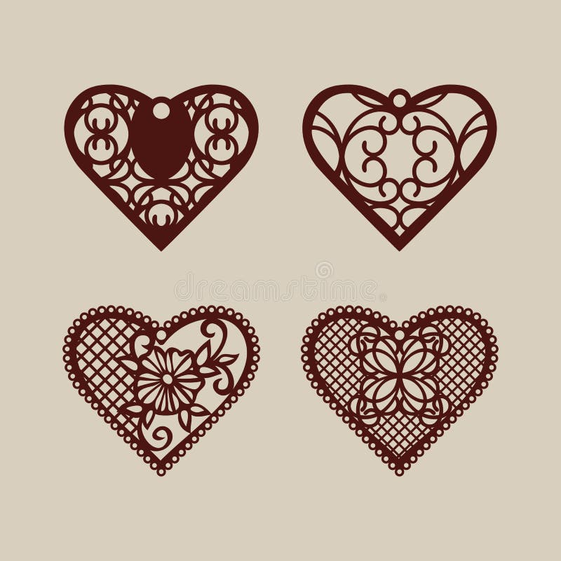 Set of Stencil Lace Hearts with Carved Openwork Pattern for Laser ...