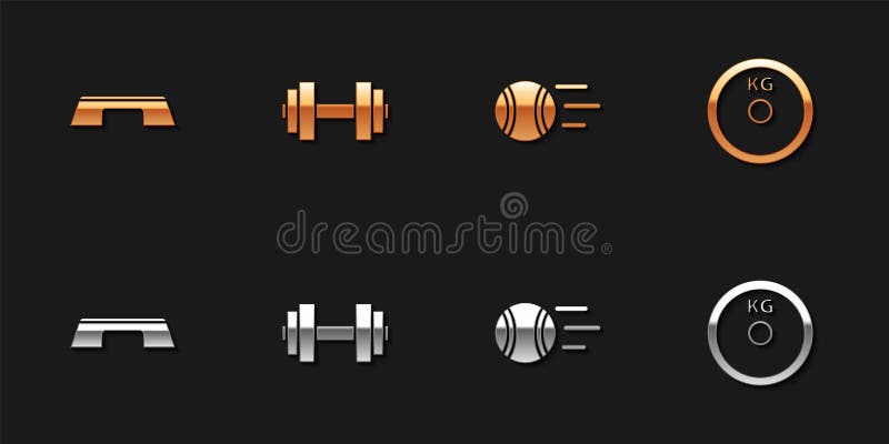 Set Step Platform Dumbbell Tenis Ball and Weight Plate Icon. Vector ...