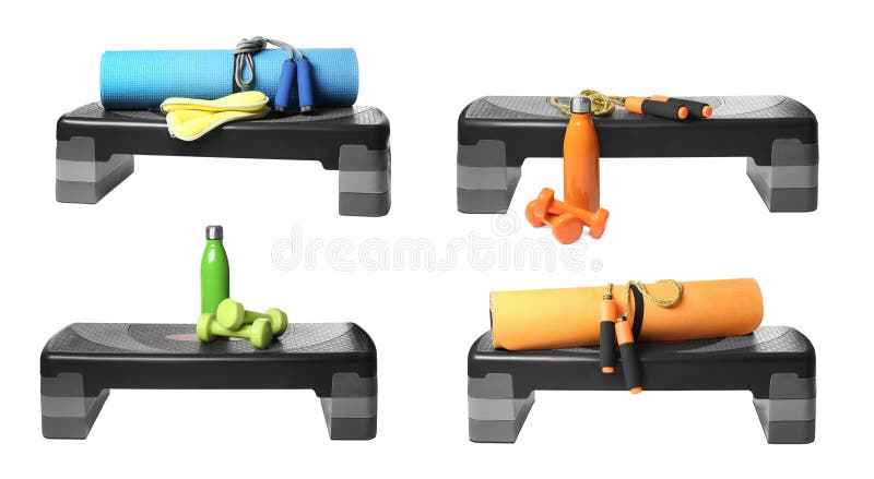 Set with Step Platforms and Sports Equipment on White Background Stock ...