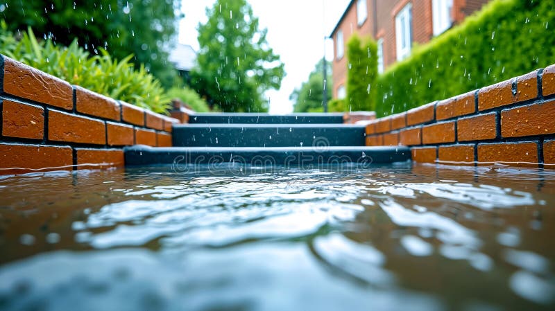 A Set of Steps Leading Up To a Brick Wall in the Rain Stock Image ...