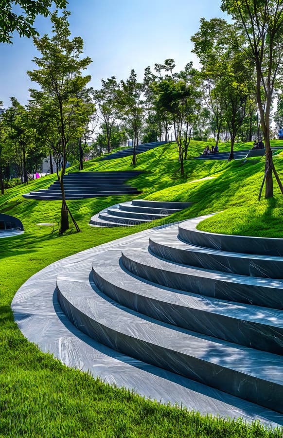 A Set of Steps in the Middle of a Grassy Area with Trees Stock Photo ...