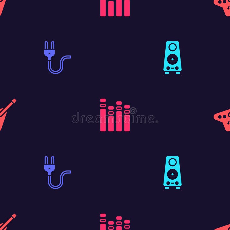 Set Stereo Speaker, Electric Plug, Music Equalizer and Bass Guitar on ...