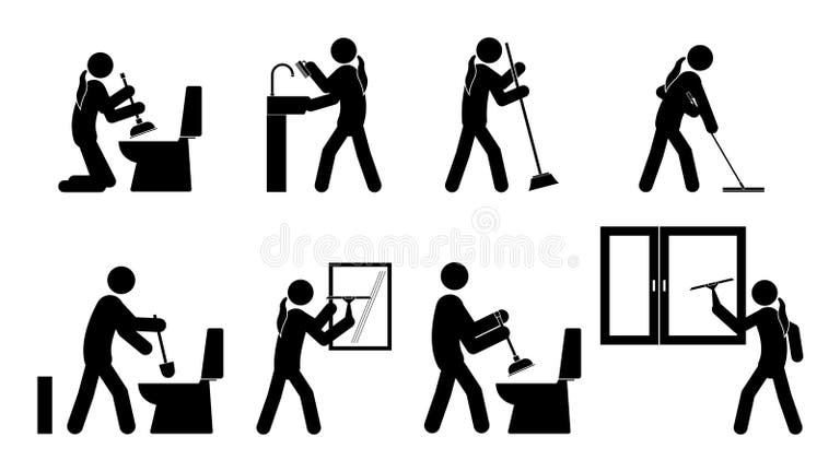 Set of Stick Figures, Cleaning in the Bathroom, Vector Illustration ...