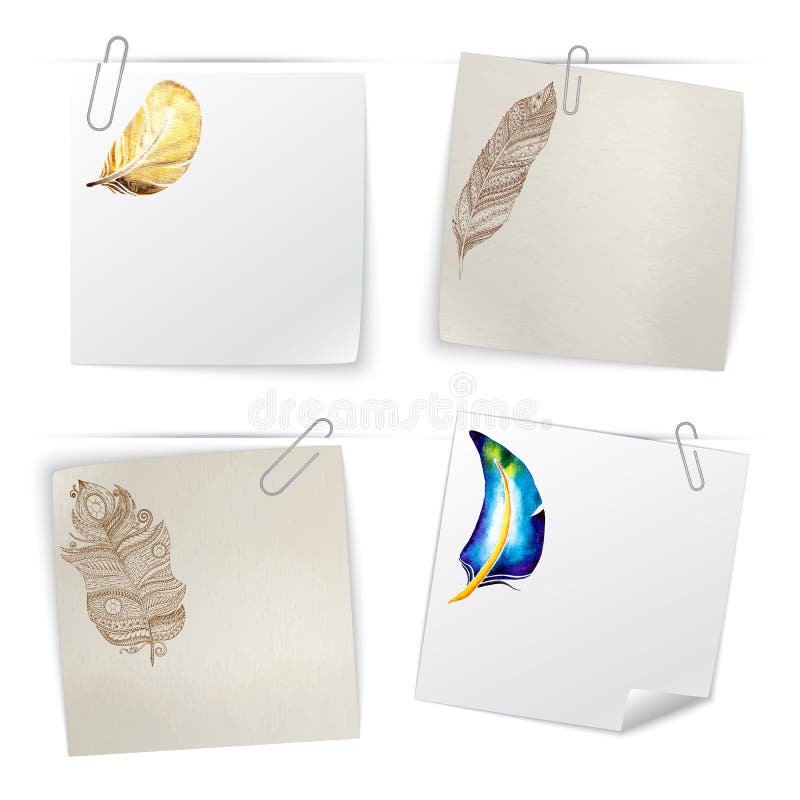 Set of Stick Notes with Doodle Feather Pattern Stock Vector ...