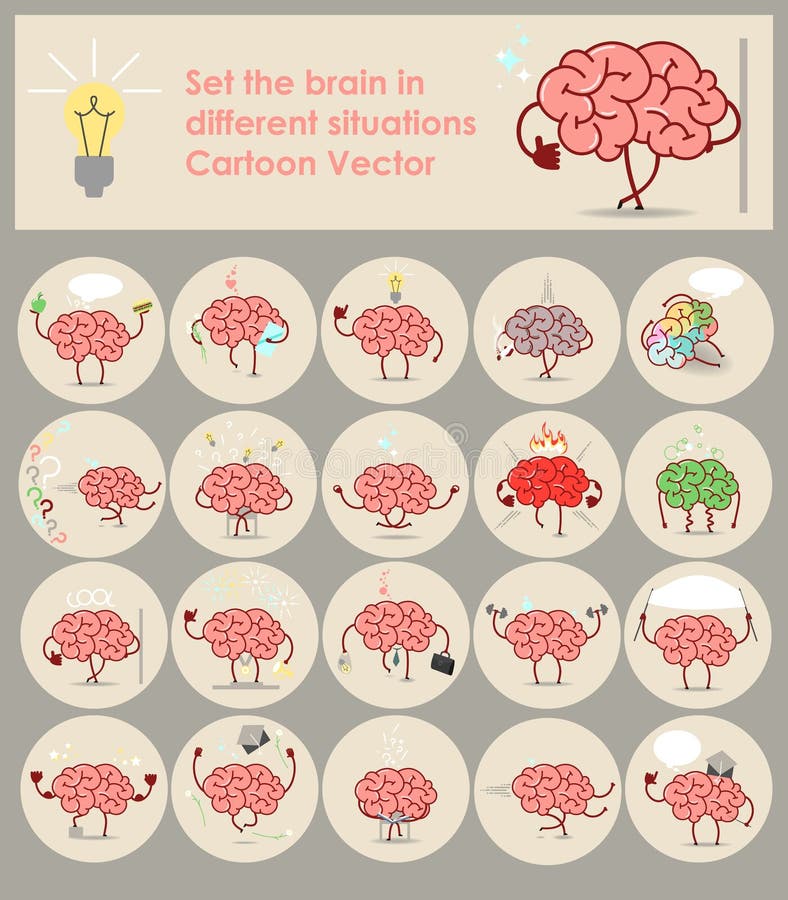 Set Stickers Brains in Different Situations Vector Cartoon Icon Stock ...
