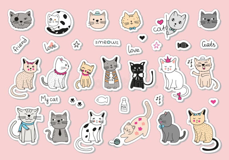 Set Stickers with Cats. Hand-drawn Vector Doodle Drawings, Cute Cats ...