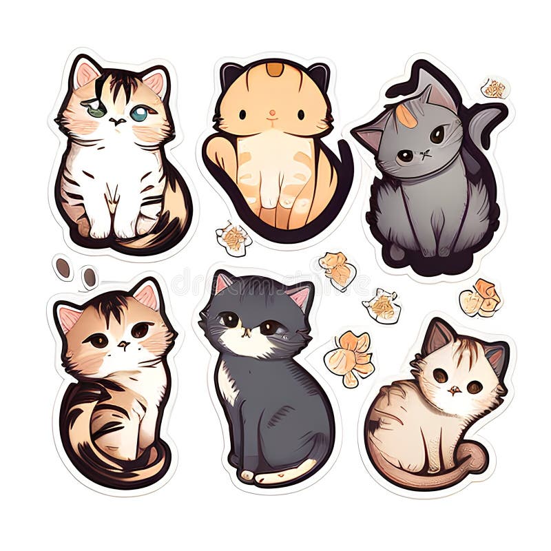 Set of Stickers with Cute Cats. Vector Illustration in Cartoon Style ...