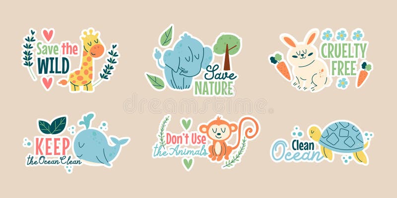 Set Stickers of Cute Eco Animal Characters with Eco Lettering Stock ...