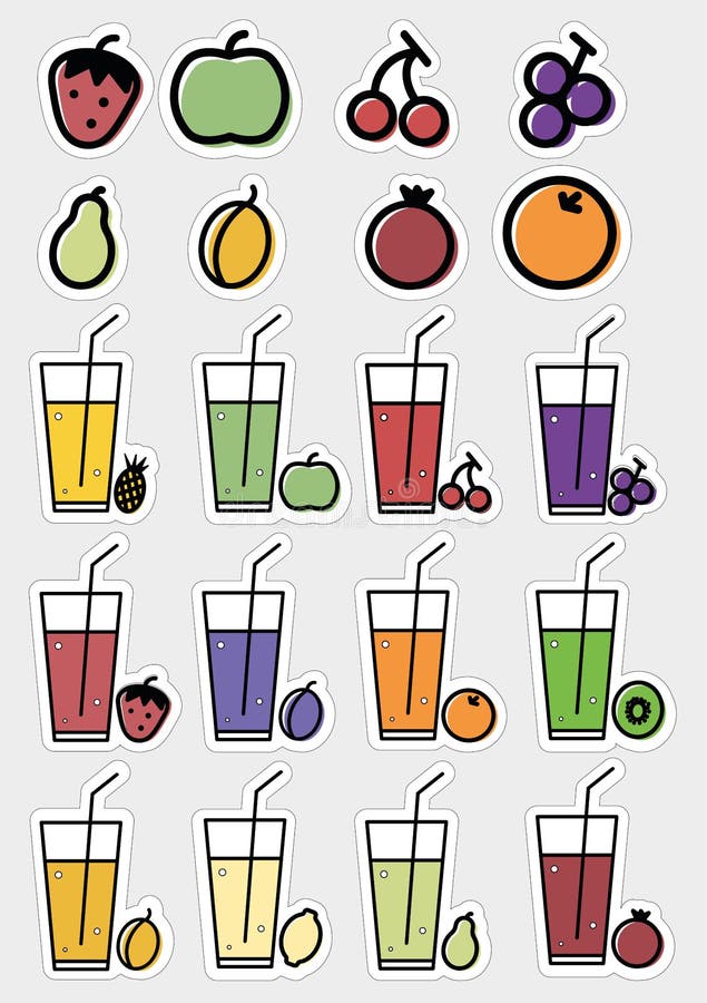 A Set of Stickers with Fruit and Glasses with Fruit Juice Stock Vector ...