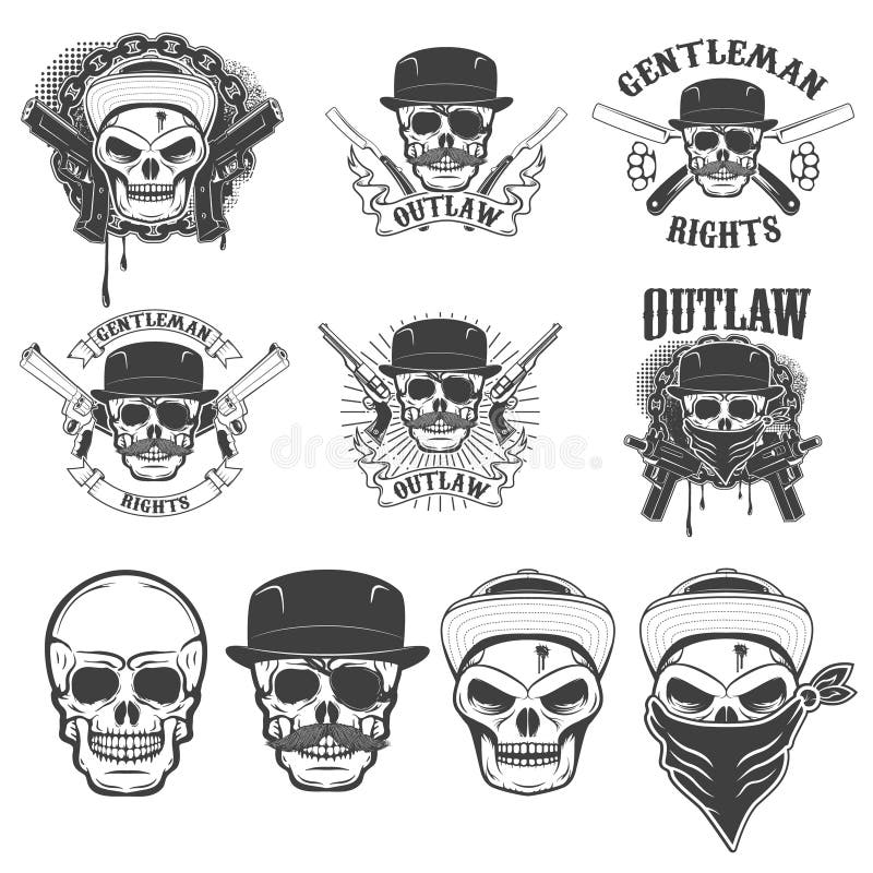 Set of the Stickers with Gangster Skulls and Weapon. Design Elem Stock ...