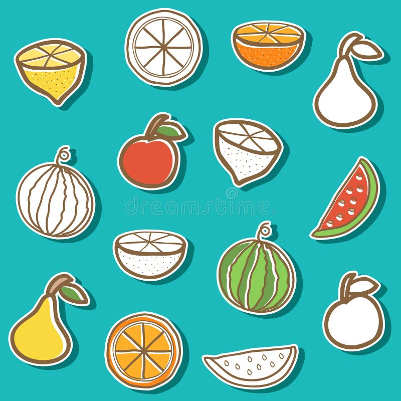 Set of Stickers with Hand Drawn Fruits Stock Vector - Illustration of ...