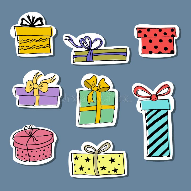 Set of Stickers with Hand Drawn Gift Boxes. Stock Illustration ...