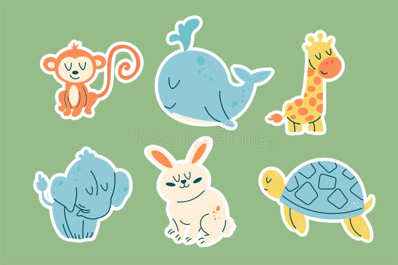 Set Stickers of Kawaii Animal Characters Whale, Giraffe, Turtle, Rabbit ...