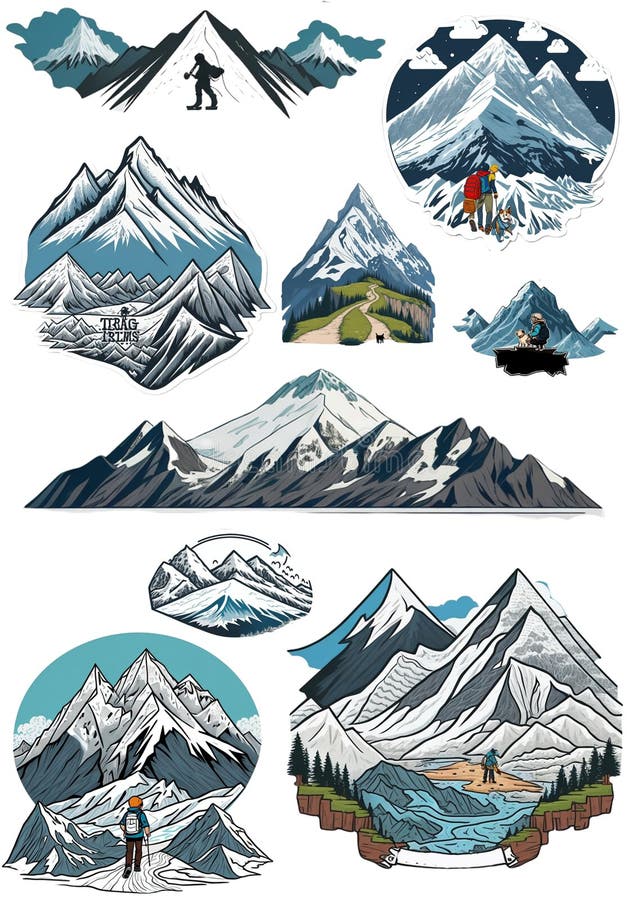 A Set of Stickers in a Minimalistic Style on a Mountain Theme Stock ...