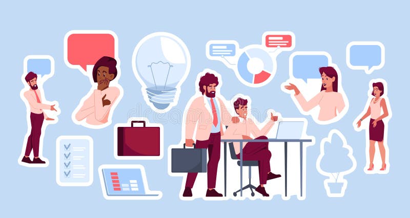 Set of Stickers Office Workers Consider Work Issues. Task Performing ...