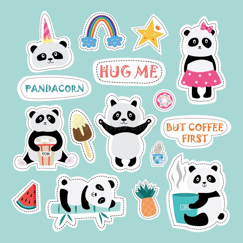 Set of Stickers or Prints with Cartoon Panda Flat Vector Illustration ...