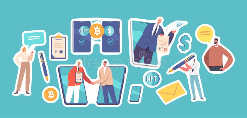 Set of Stickers Smart Contract Execution, Blockchain, Cryptocurrency Exchange, Finance and ...