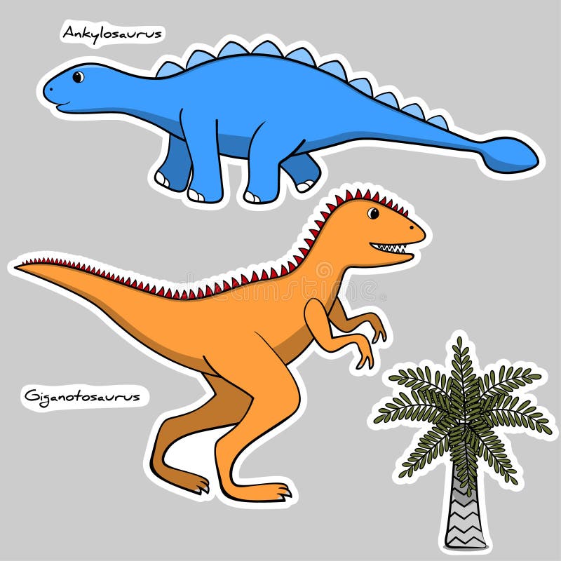 Set of Stickers Stylized Dinosaurs and Tree Stock Vector - Illustration ...