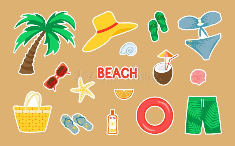 A Set of Stickers on the Theme of Beach and Sea. Vector Illustration ...