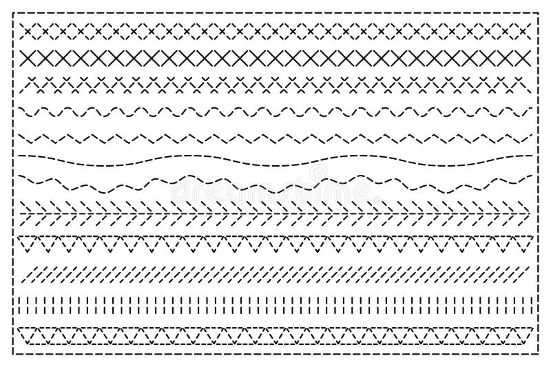 Set Stitch Sewing Machine. Sewing Seam Lines. Cut Lines. Vector ...