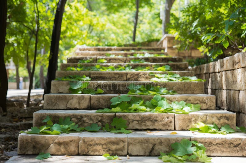 A Set of Stone Steps in a Park with Green Leaves on Them Stock ...