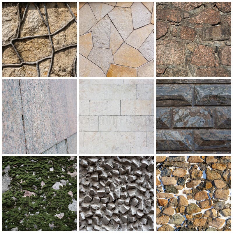 Set of Stone Wall Textures. Old Weathered Rough Masonry Surfaces Stock ...