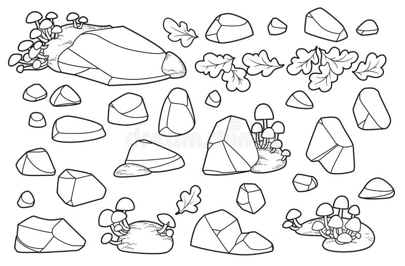Set of Stones and Moss with Toadstools Growing on Them Linear Drawing ...