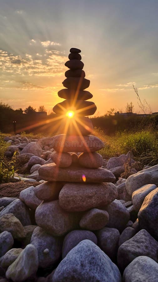 A Set of Stones with Sun Coming into View at Sunse, Generative AI Stock ...