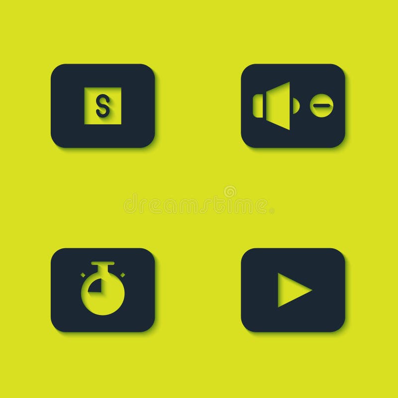 Set Stop Media Button, Play, Stopwatch and Speaker Mute Icon. Vector ...