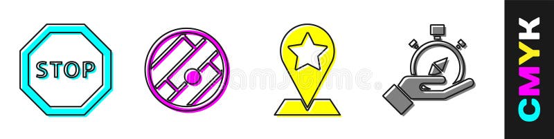 Set Stop Sign, Folded Map with Location, Map Pointer with Star and ...