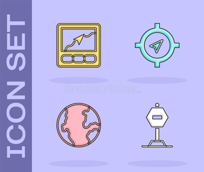 Set Stop Sign, Gps Device with Map, Earth Globe and Compass Icon ...